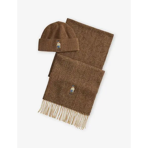 Polo Ralph Lauren Polo-bear Knitted Wool Beanie And Scarf Set - Brown Heather