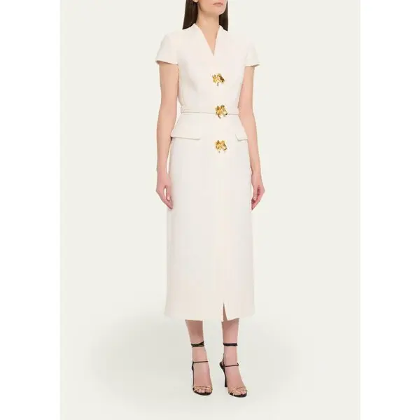 Oscar De La Renta Cap-sleeve Slub Tweed Buttoned Midi Day Dress