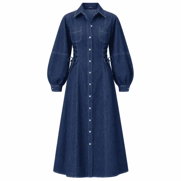 EXQUISE Arnaude Side Tie Long Sleeve Midi Dress - Blue