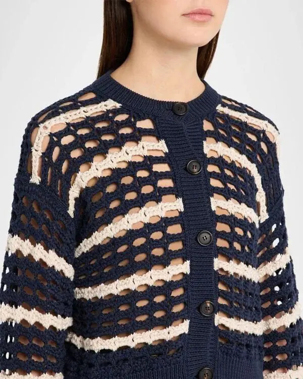 Brunello Cucinelli Striped Cotton Crochet Knit Crewneck Cardigan