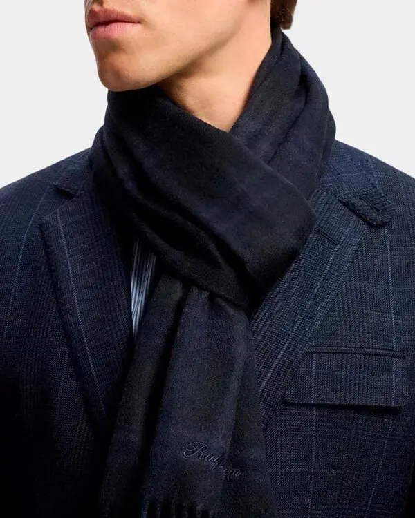 Ralph Lauren Purple Label Apos;s Tonal Plaid Cashmere Fringe Scarf - Navy