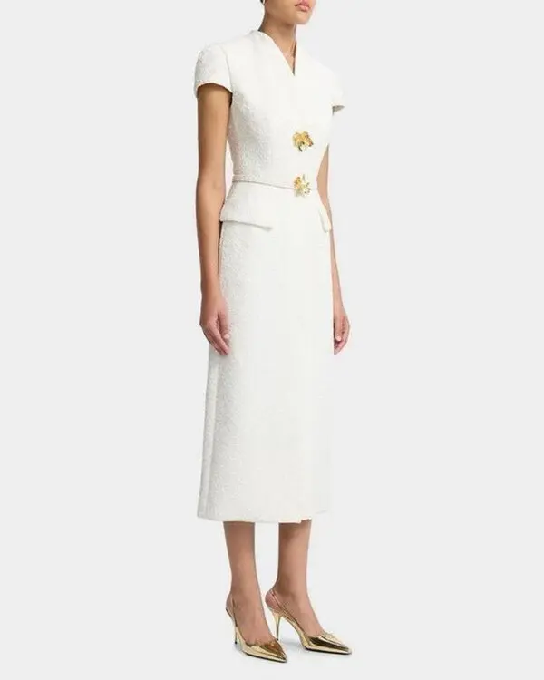 Oscar De La Renta Cap-sleeve Slub Tweed Buttoned Midi Day Dress - Ivory