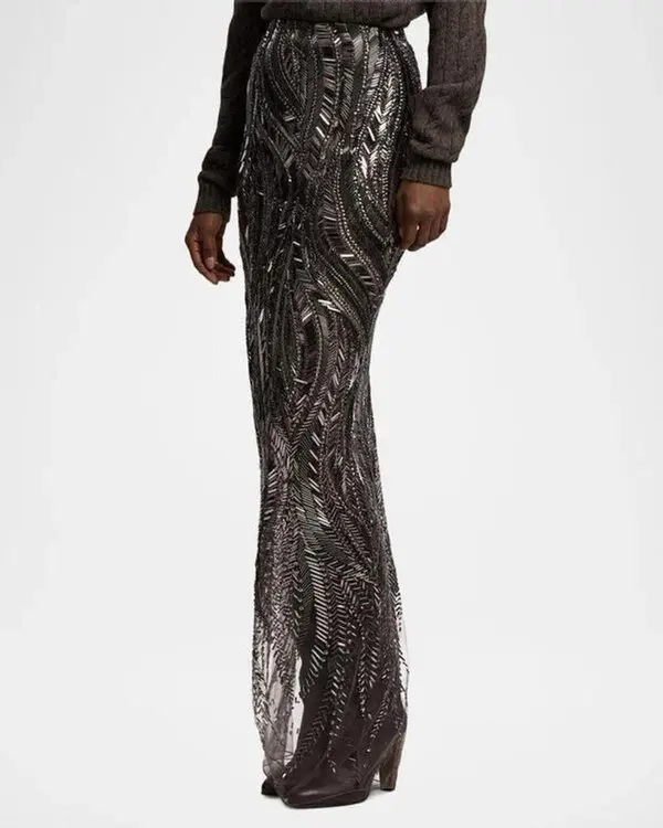 Ralph Lauren Camila Embellished Tulle Maxiskirt - Grey