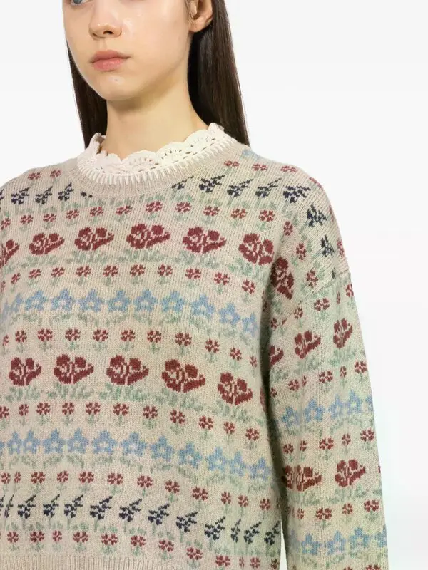 Sea Floral-intarsia Crochet-trim Sweater
