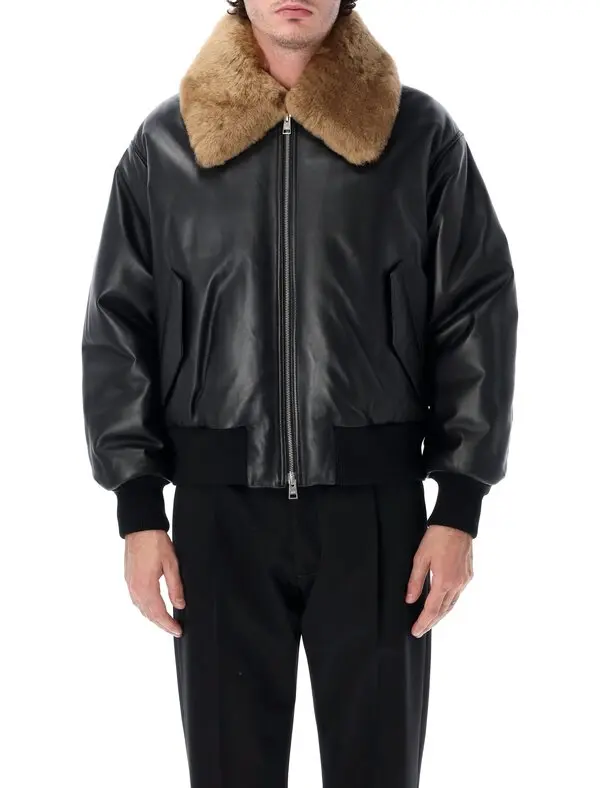 AMI Paris Leather Bomber Jacket With Fur Collar