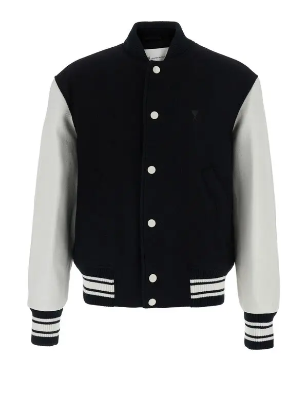 AMI Paris Padded Teddy Jacket With Leather Sleeves For