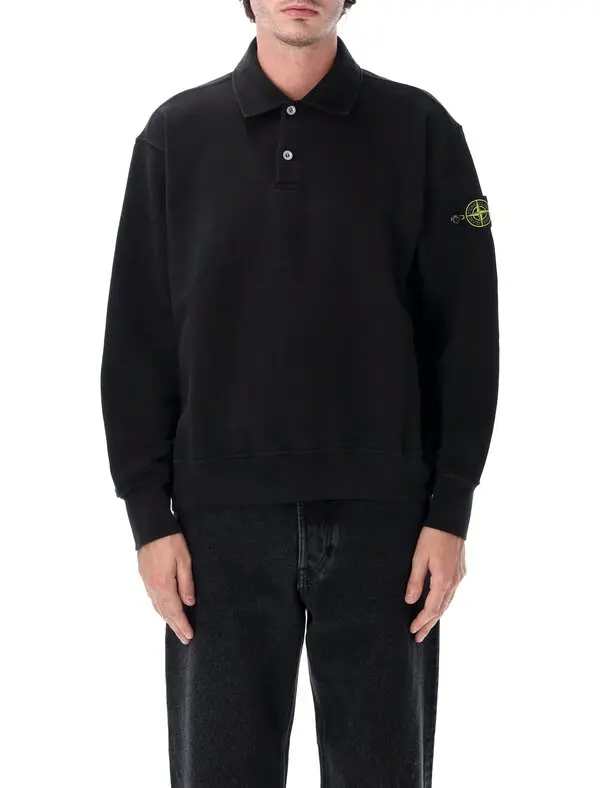 Stone Island Oversized Garment-dyed Polo Collar Crewneck Sweatshirt With Contrasting Under-collar - Nero