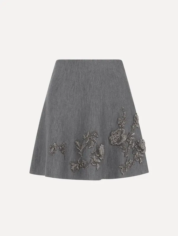 Oscar De La Renta Beaded Peony Embroidered Knit Skirt - Grey