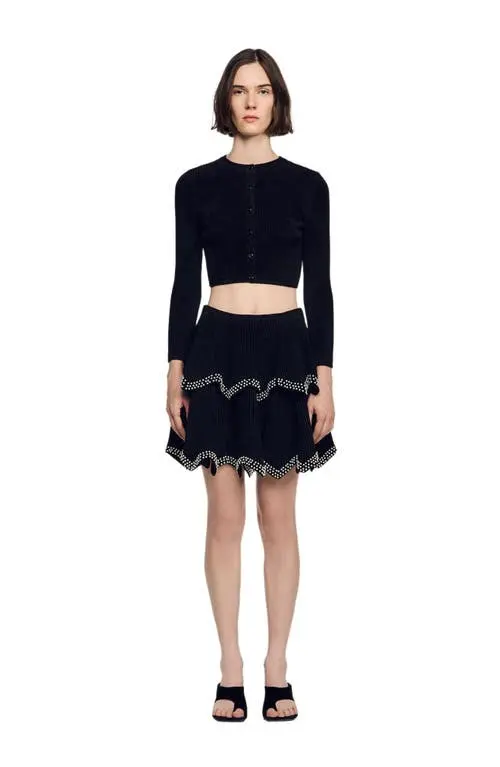 Sandro Velvet Skater Skirt With Pearls - Black