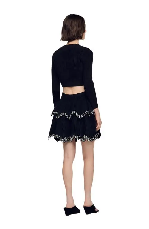 Sandro Velvet Skater Skirt With Pearls