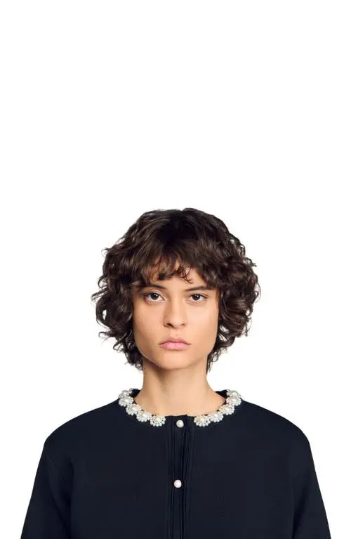 Sandro Cardigan With Pearl Flower Collar