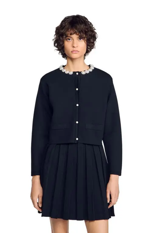 Sandro Cardigan With Pearl Flower Collar