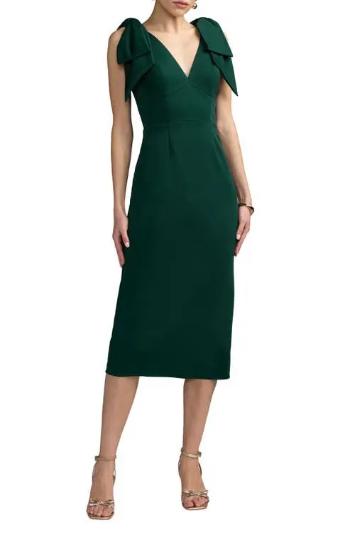 Mac Duggal Petite Statement Bow Shoulder Crepe Midi Dress