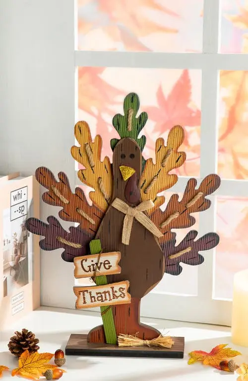 GLITZHOME Burlap Wooden Turkey Table Decor
