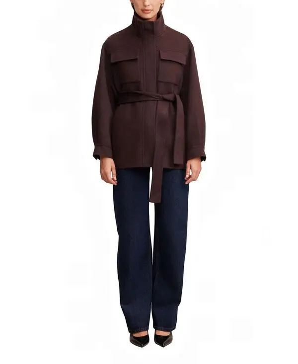 EVER NEW Wren Belted Shacket Wool Blend Zip Front With Chest Patch Pockets - Chocolate