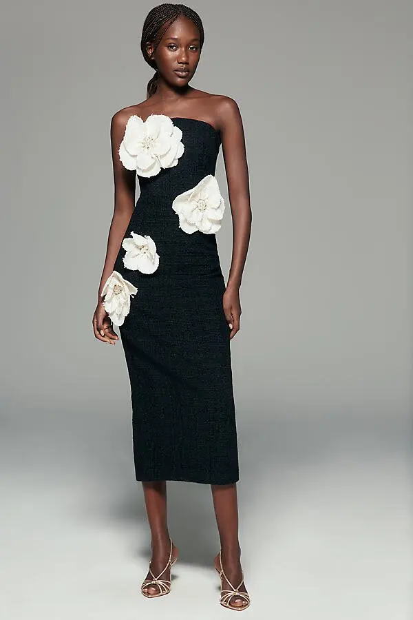 Mac Duggal 3d Floral Strapless Midi Dress - Black