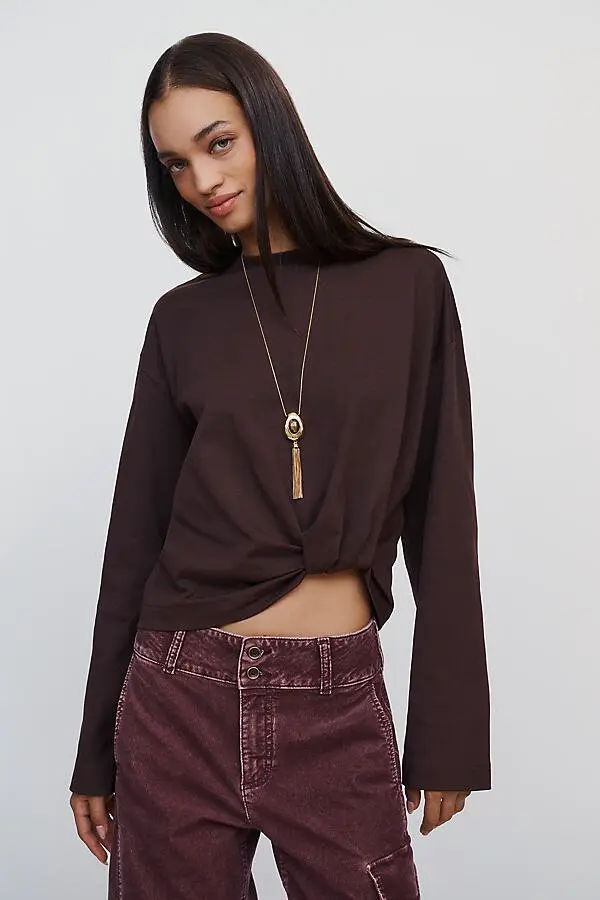 SOVERE / Izel 100% Cotton Knot Front Crewneck Top - Espresso