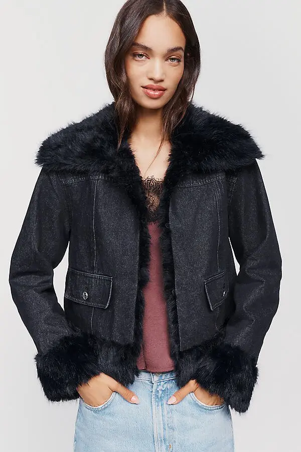 Maeve 100% Cotton Faux Fur Trim Jacket - Black Rinse