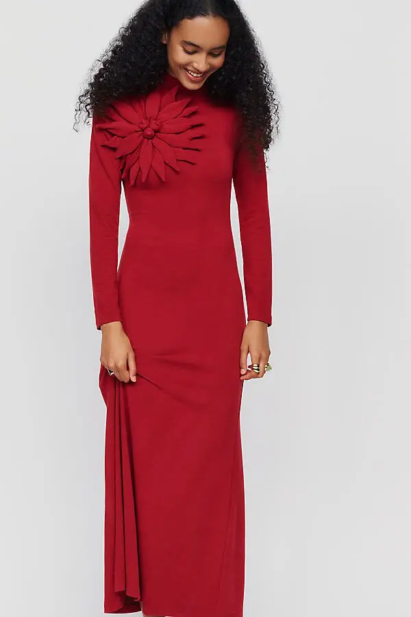 Farm Rio Floral Appliqué Mock Neck Maxi Dress - Red