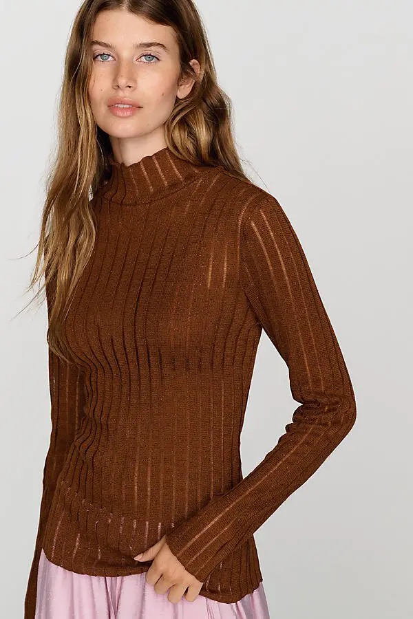 PILCRO Lurex Ribbed Turtleneck Top - Brown