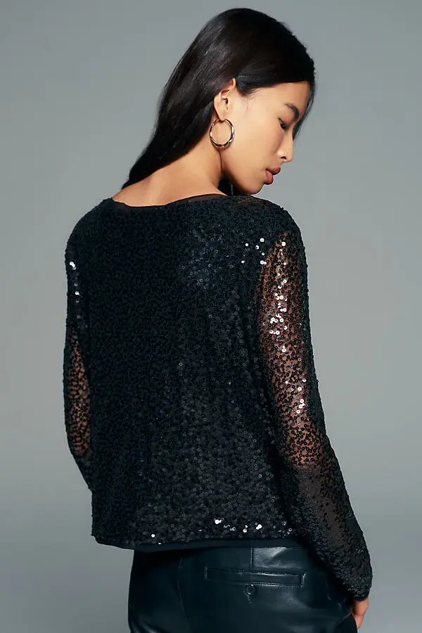 Maeve Sequed Stretch Knit Cardigan Top - Black