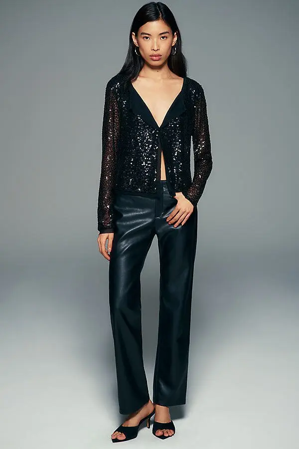 Maeve Sequed Stretch Knit Cardigan Top - Black