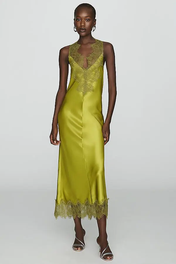 SIMONMILLER Bea Sat Lace Midi Dress - Chartreuse