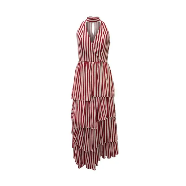 JANARA JONES Red & Ivory Striped Tiered Maxi Dress - Red/white