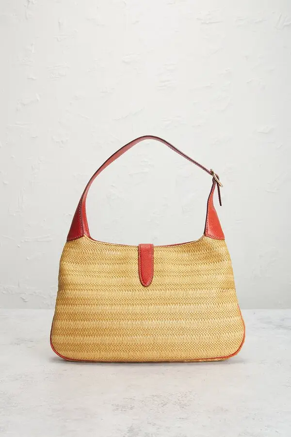 Gucci Embroidered Raffia Jackie Hobo Bag In Tan
