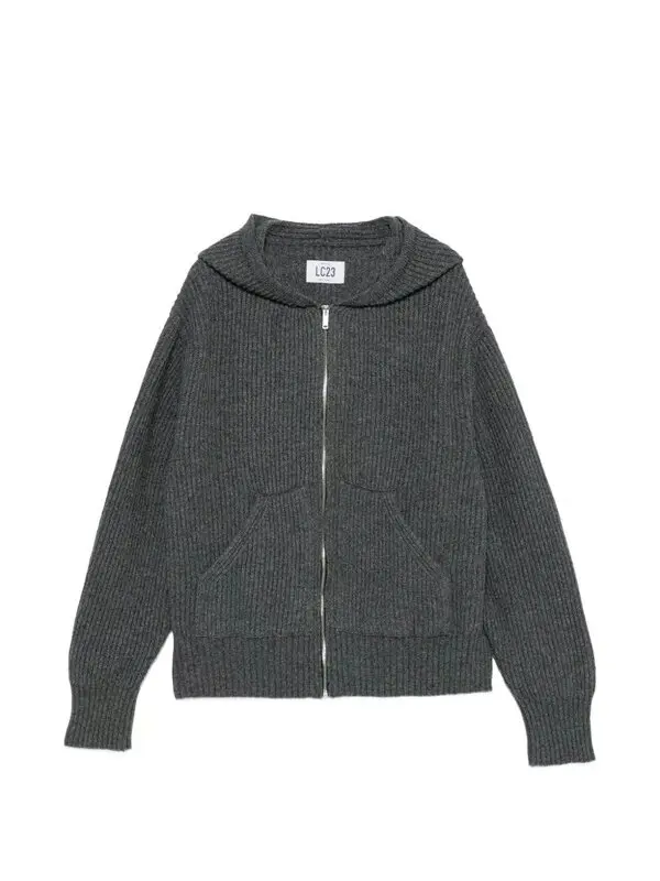 LC23 Ribbed-knit Zip-up Hoodie Sweater - Grey