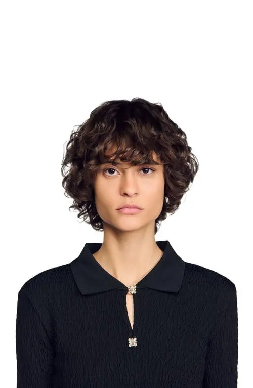 Sandro Smocked T-shirt With Jewel Buttons