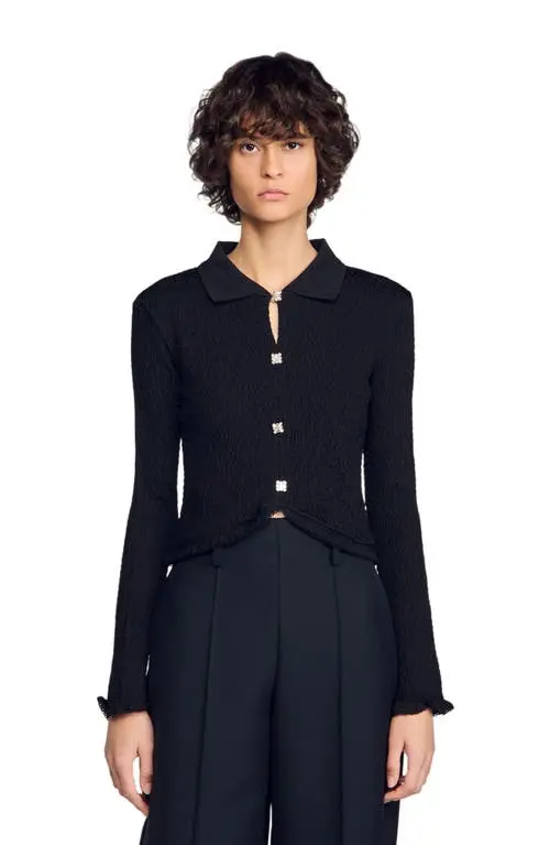 Sandro Smocked T-shirt With Jewel Buttons
