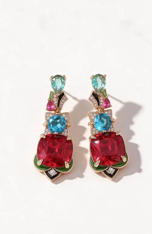 MODENAIRE Gold Tone Crystal Geometric Statement Drop Earrings