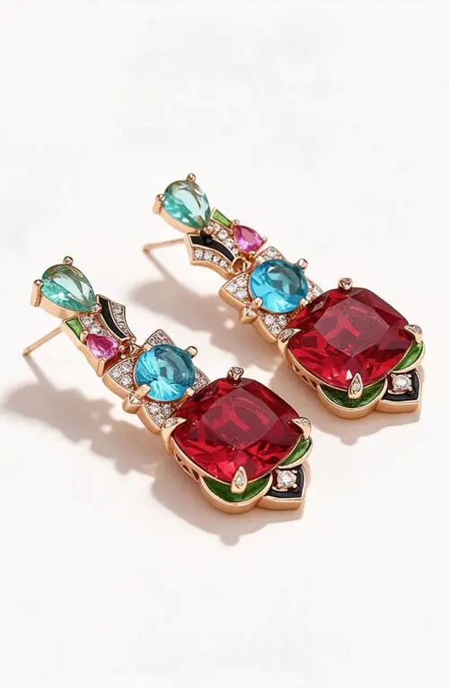 MODENAIRE Gold Tone Crystal Geometric Statement Drop Earrings
