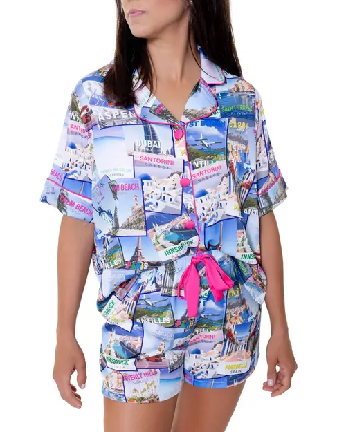 SUNSHINE SOCIETY World Traveler Silky Short Set - Blue