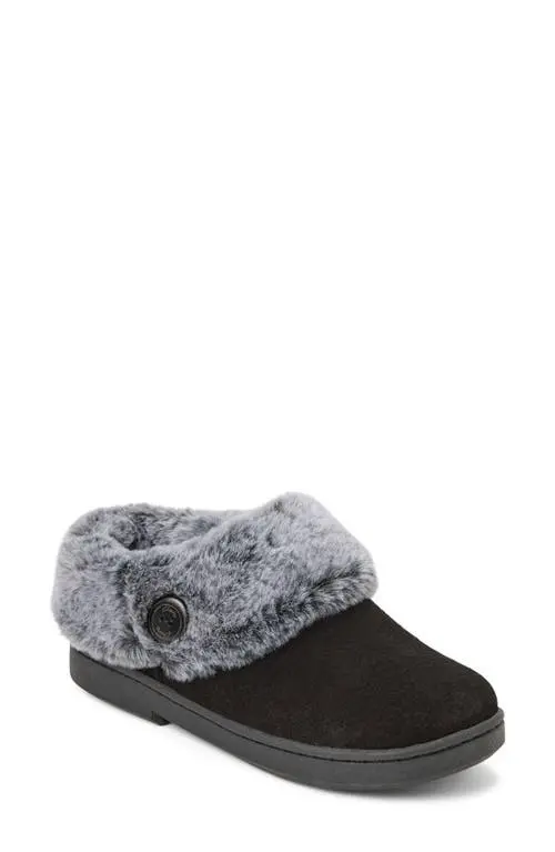 Clarks Suede Clog With Tipped Faux Fur Cuff & Button Detail Slippers - Black