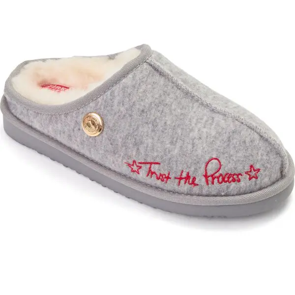 DEARFOAMS Daniella Karagach's Fireside Embroidered Knit Shearling Clog Slippers - Grey