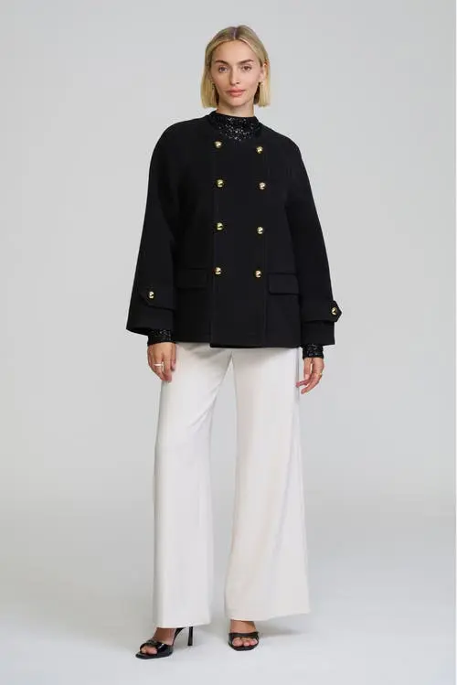 ELLE COLLECTION Double Breasted Melton Coat - Black