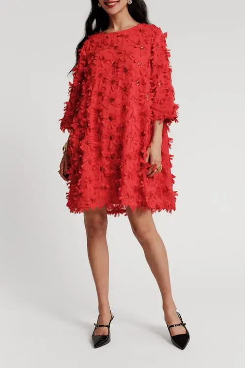 FRANCES VALENTINE Edie Mini Dress Daisy Applique - Red