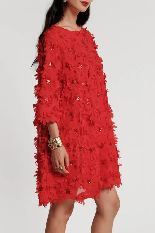 FRANCES VALENTINE Edie Mini Dress Daisy Applique - Red