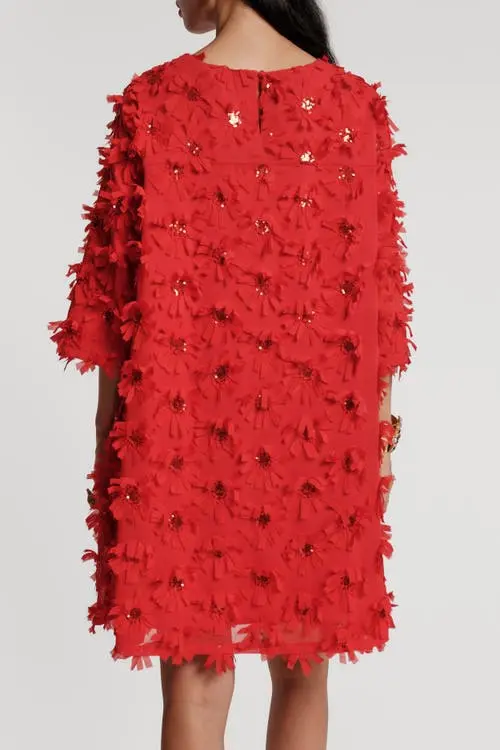 FRANCES VALENTINE Edie Mini Dress Daisy Applique - Red