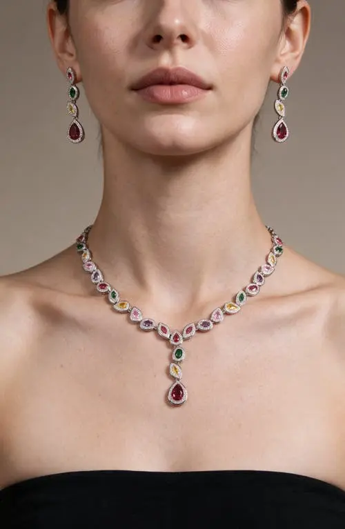 MODENAIRE Crystal Teardrop Necklace And Drop Earring Set