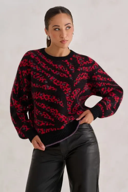 KADA The Woodland Animal Jacquard Sweater - Cherry