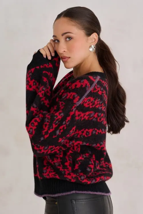 KADA The Woodland Animal Jacquard Sweater - Cherry