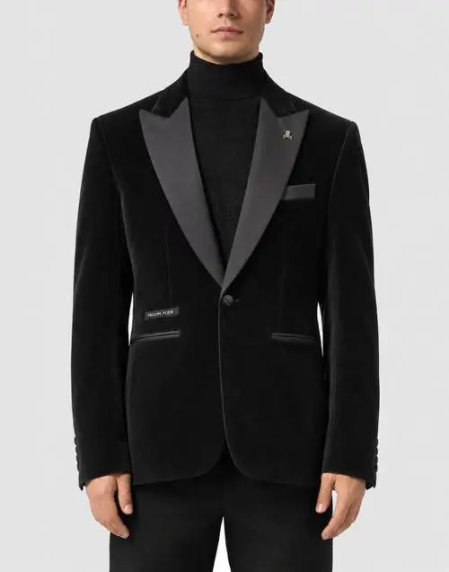 Philipp Plein Velvet Satin Lapel Dinner Blazer - Black