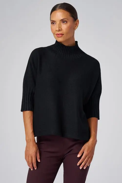 FRANNE GOLDE Funnel Neck Elbow Sleeve Dolman Sweater - Black