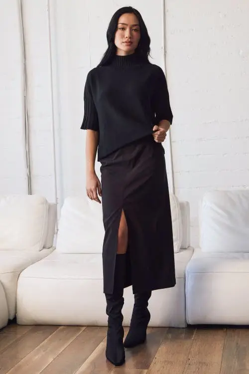 FRANNE GOLDE Funnel Neck Elbow Sleeve Dolman Sweater - Black