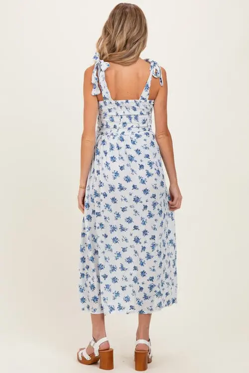PINKBLUSH Smocked Bodice Tie Straps Floral Print Maxi Dress