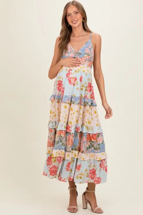PINKBLUSH V Neck Twist Front Tiered Maxi Dress