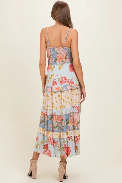 PINKBLUSH V Neck Twist Front Tiered Maxi Dress